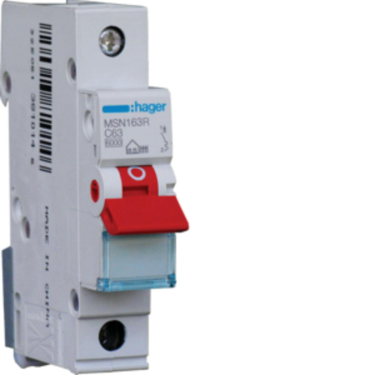 Hager 63 Amp Miniature Circuit Breaker MCB C Curve 1 Pole 6kA - Red To